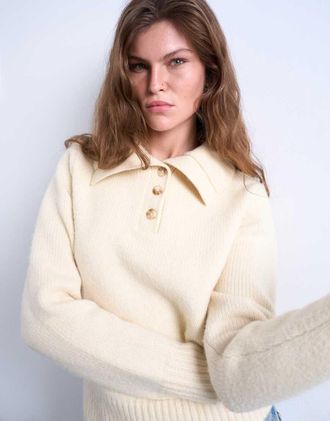 Topshop Pull façon polo en maille compacte épaisse - Écru-Blanc