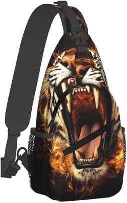 Generic Antivol Sacoche Bandouliere Imprim&eacute; tigre Flammes de Feu Sauvage Sling Bag Polyester Sac &agrave; Dos Militaire pour Homme Voyage Femme