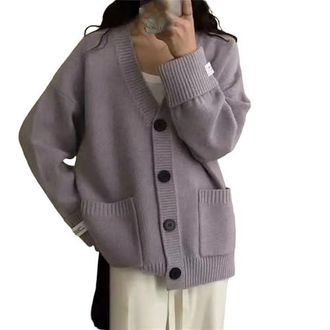 Generic Cardigan r&eacute;tro en tricot pour femme, style cor&eacute;en, avec poches plaqu&eacute;es, veste douce pour lhiver, Violet clair, taille unique