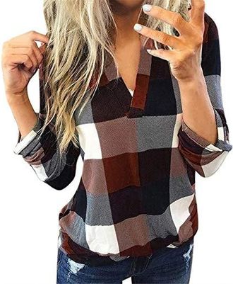 Generic Hauts &agrave; carreaux pour femme - Col en V - D&eacute;contract&eacute; - Printemps &eacute;t&eacute; - Chemisier en lin - Col en V - Tunique en coton - Chemises de plage - T-shirt im