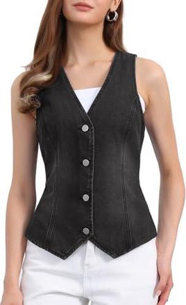 Allegra K Gilet en Jean pour Femme Blouson sans Manches en Denim &agrave; Col en V Veste Boutonn&eacute; D&eacute;contract&eacute;e Vintage Noir XS