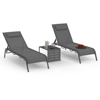 IDMarket Lot de 2 transats de jardin inclinables BORA avec table dappoint modulable en acier gris anthracite et toile grise