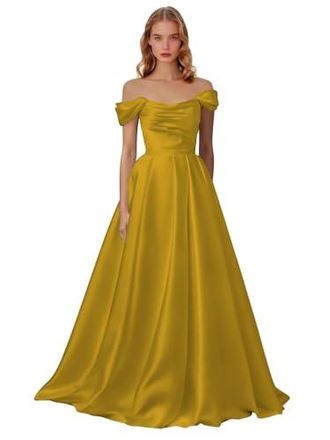 Generic Robe de bal longue froncée en satin à épaules dénudées pour femme avec poches, Mairgold, 52 Grande taille