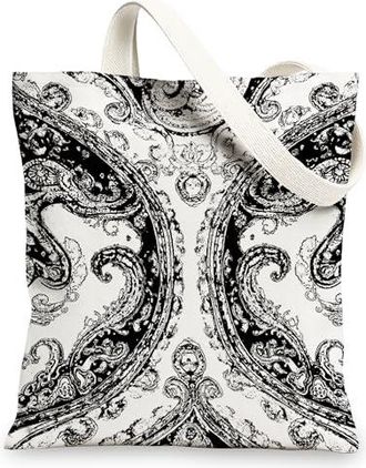 Generic Sac fourre-tout en toile motif cachemire, sacs dépicerie vintage réutilisables, sacs à bandoulière légers noirs, 33 x 38 cm