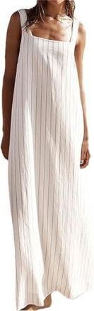 Generic Robe de plage décontractée sans manches à col carré pour femme - Robe longue basique à rayures, Blanc 01, XXL