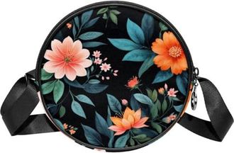 Generic Petit sac &agrave; bandouli&egrave;re circulaire pour femme, motif feuilles florales, sac &agrave; dos avec fermeture &eacute;clair, bretelles r&eacute;glables, sac &agrave; main rond d&eacute;contra