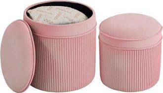 HOMCOM Set of 2 Stools Ronds empilables, 34.8L Large Storage Pouf, Round Upholstered Stools with Velvet Cover, for Living Room and Bedroom, Pink