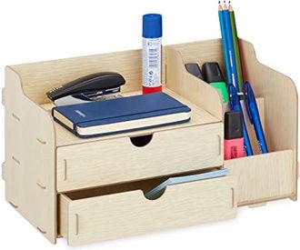 Relaxdays Schreibtisch Organizer, 2 Schubladen & 3 Fächer, Stiftbox MDF, HBT: 17 x 33 x 19 cm, Büroorganizer, hellbraun