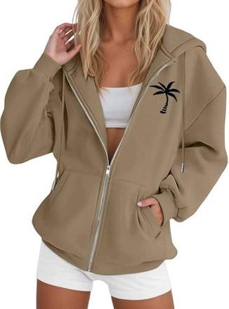 Generic 2026 Veste &agrave; capuche d&eacute;contract&eacute;e &agrave; manches longues avec cordon de serrage pour femme Motif arbre, caf&eacute;, XXL