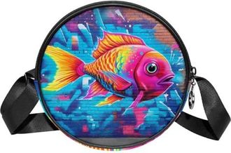 Generic Sac &agrave; bandouli&egrave;re rond pour femme, motif graffiti poisson, petit sac &agrave; bandouli&egrave;re avec fermeture &eacute;clair, bretelles r&eacute;glables, sac &agrave; main rond d&eacute;contr