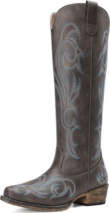 Dream Pairs Kniehohe Westernstiefel für Damen, cowboystiefel bequemer, klobiger Blockabsatz, spitzer Zehenbereich, seitlicher Reißverschluss Reitstiefel,Size 40.5