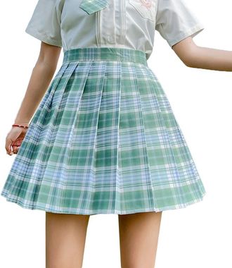 Minetom Damen Kariert Kilt-Rock Faltenr&ouml;cke Tartan Minirock Hohe Taille Kurz Skirt Skater Rock Informell Mini Glocken Rock Gr&uuml;n L