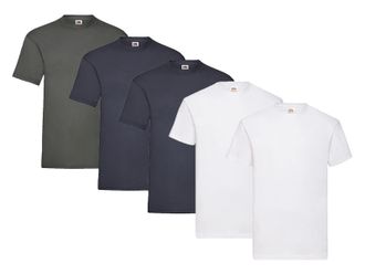 Fruit Of The Loom 5 T-Shirts Valueweight S M L XL XXL XXXL 3XL Diverse Farbsets ausw&auml;hlbar, 2X Weiss + 2X Deep Navy + 1x Graphit + 1 HL Kauf Notizblock, Gr&ouml;&szlig;e L