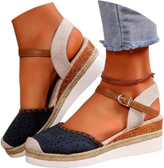 Generic Sandales compens&eacute;es &agrave; bout ferm&eacute; pour femme, espadrilles &agrave; talons bas, semelle compens&eacute;e &agrave; bout ferm&eacute;, &eacute;lastique, coupe large, sangle de cheville r&eacute;gl