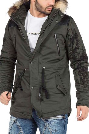 Cipo & Baxx Herren Jacke CJ195 Khaki - Stylische Winterjacke im Modernen Streetwear Stil mit Kunstfell, Kapuze & Rei&szlig;verschluss - Warme Freizeitjacke f&uuml;r Alltag &