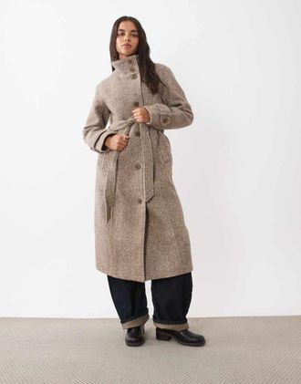 Abercrombie & Fitch manteau ceintur&eacute; en m&eacute;lange de laine &agrave; col chemin&eacute;e beige &agrave; chevrons-Neutre