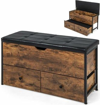 Costway Costway - Banc de Rangement Ottoman Industriel, Coffre de Rangement en Bois avec Coussin Rembourré, 2 Tiroirs, Cadre en Métal, Supporte 150 kg