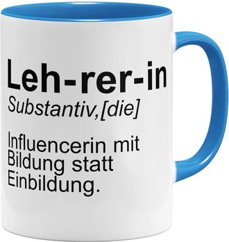 OM3 lustige Lehrerin Kaffee-Tasse mit Spruch Influencerin - Keramik Becher - 11oz 325ml - Beidseitig Bedruckt - Hellblau