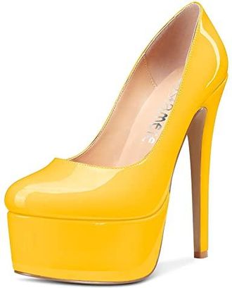 Castamere Femmes Aiguille Haut High Talon Heel Plate-Forme Rond Bout 15 CM Heels Escarpins Slip-on Mariage Party Sexy Chaussures Jaune 45 EU