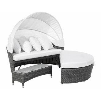 Beliani Beliani - Strandkorb grau/cremewei&szlig; Polyrattan Baumwolle 2-Sitzer Sonnendach inkl. Kissen Ottomane Tisch