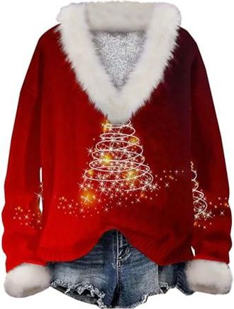 Generic Sweat-shirt ample décontracté pour femme - Pull confortable - Mode décontractée - Col en peluche imprimé - Manches longues - Sweatshirt sans capuche -