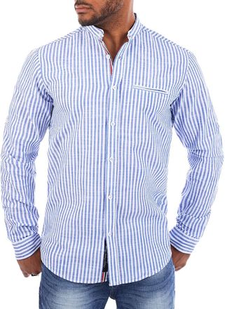 Carisma Herren Baumwoll Leinen Mix Stehkragen Hemd gestreift Langarm 8455, Grösse:4XL, Farbe:Blau