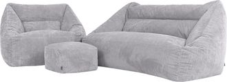Icon Brand Cecilia Sitzsack Sofa, Sitzsack Sessel mit Hocker, Grau, Flauschiger Cord Stoff, 2 Sitzer Sofa Set f&uuml;r Erwachsene, Riesensitzsack mit F&uuml;llung, Lounge,