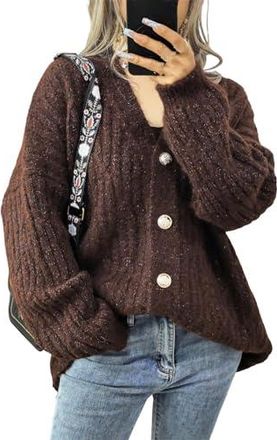 Generic Veste tricot&eacute;e ample avec boutons pour femme - Cardigan dhiver pour garder au chaud - Mode d&eacute;contract&eacute;e, marron, Taille XS