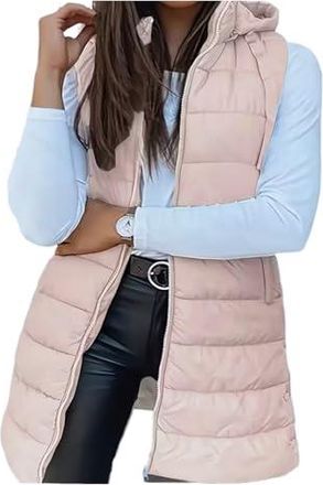 Generic Manteau gilet Long for femmes, veste rembourr&eacute;e de Style Parka sans manches, gilet long matelass&eacute; &eacute;pais for lautomne et lhiver(Pink,4XL)