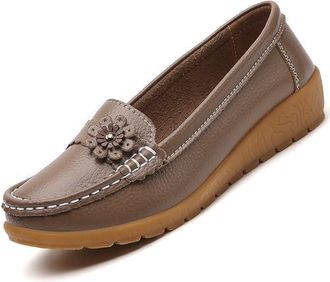 Generic Chaussures en cuir confortables &agrave; semelle souple pour femme, mocassins de conduite d&eacute;contract&eacute;s, chaussures bateau plates &agrave; enfiler, kaki, 39.5 EU