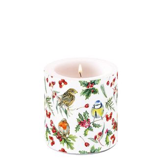 Ambiente Kerze Stumpenkerze Wachswindlicht Dekorationskerze 9 cm hoch Paraffinwachs 35h Brenndauer V&ouml;gel im Winter