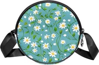 Generic Petit sac &agrave; bandouli&egrave;re rond pour femme, motif marguerites avec fermeture &eacute;clair, bretelles r&eacute;glables, sac &agrave; main rond d&eacute;contract&eacute; pour femmes et fill