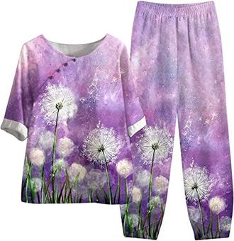Generic Ensemble de Vêtements 2 Pièces Femme Elegante Dété Imprimé Floral T-Shirt Manches 3/4 + Pantalon Large Taille Haute Pas Cher DIntérieur Jogging Tenue 
