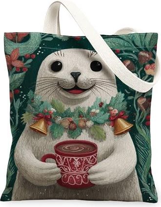 Generic Sacs fourre-tout en toile avec sceau de No&euml;l, motif animal mignon, sacs d&eacute;picerie r&eacute;utilisables, vintage, l&eacute;gers, lavables, vert, 13x15 Inch