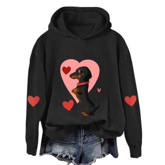 Generic Valentinstag Kapuzenpullover f&uuml;r Damen S&uuml;&szlig;er Dackel Hund Print Pullover Casual Sweatshirt mit Kapuze Bequeme Langarmshirt Festliche Oberteile L&auml;ssiger