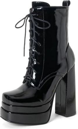 Generic Bottines à lacets à bout carré pour femme - Double plateforme - Talon ultra haut - Avec fermeture éclair, Noir, 41.5 EU