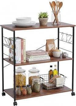 Relaxdays K&uuml;chenrollwagen, 3 Ablagen, 6 S-Haken, K&uuml;che, Servierwagen HxBxT: 87 x 80 x 40 cm, MDF & Eisen, braun/schwarz