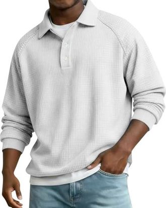 Generic Sweats gaufr&eacute;s &agrave; demi boutons pour homme - Manches longues - Col &agrave; revers - Grande taille - Doux - Respirant - Costume de sport pour int&eacute;rieur et ext&eacute;