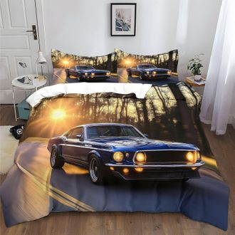 Generic Bettwäsche-Set: 155x220 cm, 3-teilig, Mikrofaser, 900 g, inkl. 2 Kissenbezüge, Blaues Auto, Ganzjährig, Hypoallergen, Weich, Komfortabel, Atmungsaktiv