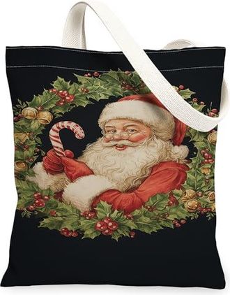 Generic Sacs fourre-tout en toile avec imprim&eacute; P&egrave;re No&euml;l, sacs de courses r&eacute;utilisables, d&eacute;coratifs festifs, l&eacute;gers et lavables, Noir/blanc, 13x15 Inch