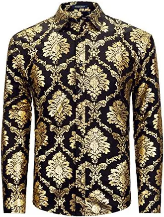 Hisdern Chemises Noir Brillante Homme à Manches Longues Casual Chemise Or Fleur Imprimé Motif Mode Satin Chemises Fête Bal de Promo XXL