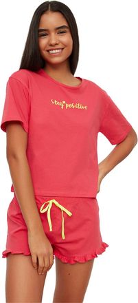 Trendyol Trendyol Damen Fuchsia Embroidered Knitted Kit Pajama Set, Fuchsia, XL EU