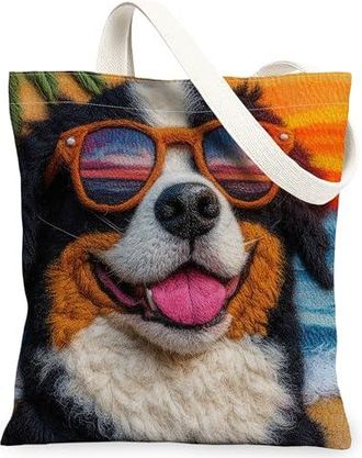 Generic Sac fourre-tout d&eacute;t&eacute; en toile motif chien de montagne bernois 33 x 38 cm, sac r&eacute;utilisable &agrave; motif imprim&eacute; de chiot c&ocirc;tier pour femme, peinture esth&eacute;t