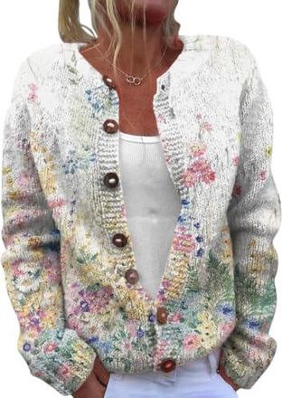 Onsoyours Femme Cardigan Manches Longues Mode Veste Courte Lâché Gilets en Tricot Imprimé Chandail Chaud Bouton Ouvert Blouson Sweater Automne Hiver Manteau Cha