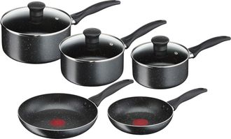 T-fal Bistro Kochgeschirr, Aluminium, Aluminium, Schwarz, 20 & 24CM Frying Pans, 16 & 18 & 20CM Saucepans with Lids