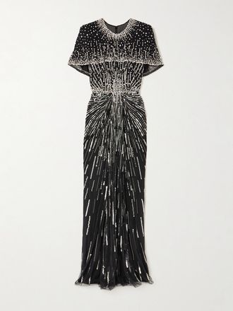Jenny Packham Robe Du Soir Effet Cape En Tulle &Agrave; Ornements Et &Agrave; Drap&eacute;s Dido - Noir