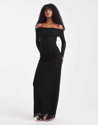 Vero Moda Robe en tulle à encolure Bardot et manches longues - Noir