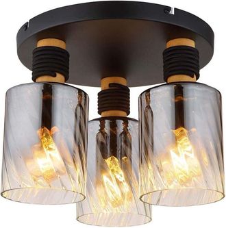 Globo Lighting Deckenleuchte Deckenlampe Wohnzimmerlampe schwarz Rauchglas Holz D 32 cm