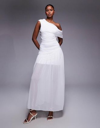 Fashionkilla Exklusives, schulterfreies Chiffon-Maxikleid in Wei&szlig; mit asymmetrischem, gerafftem und durchscheinendem Saum