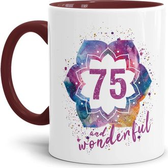 Tassendruck Geburtstags-Tasse 75 and Wonderful Geburtstags-Geschenk zum 75. Geburtstag als Geschenkidee für die Frau/Abstrakt/Bunt/Kaffeetasse/Innen & Henkel Wein